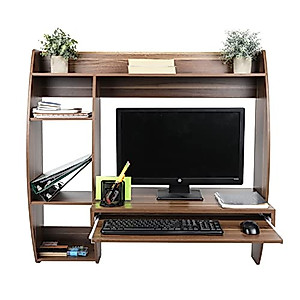 Mind Reader Wall Mounted Floating Wood Desk Table with Storage Shelves and Cable Management, Space Saving Computer Shelf, Office, Brown