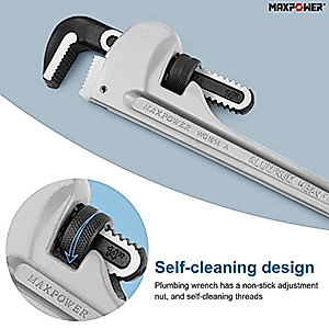 MAXPOWER 14-Inch Pipe Wrench, 40% Lighter Aluminum Plumbing Wrench, Heavy Duty Straight Pipe Wrenches Jaw Max Capacity 2 inch
