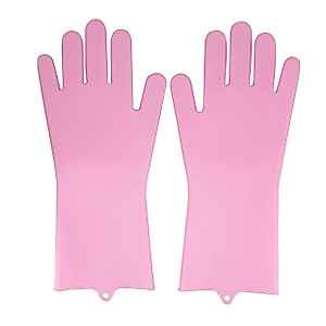 7Penn Reusable Dishwashing Gloves with Scrubber Bristles, Pink - Silicone Scrub Dish Cleaning Gloves for Men and Women