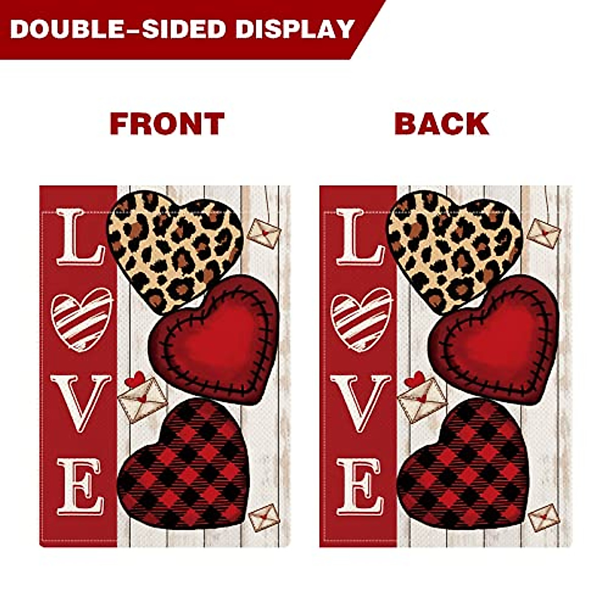 YOVOYOA Happy Valentines Day Garden Flag, 12.5 x 18" Vertical Double Sided Heart Anniversary Wedding Burlap Flag, Rustic Love Leopard Print Buffalo Check Plaid Flag for Yard Patio Farmhouse Decor