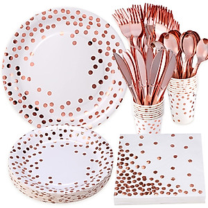 175PCS Rose Gold Party Supplies,Rose Gold Dot on White Paper Plates Napkins and Cups,Disposable Dinnerware Sets, Plastic Forks Spoons and Knives Set Serve 25 for Wedding Birthday Party Decorations