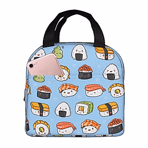 Echoserein Kawaii Japanese Sushi Blue Lunch Bag Insulated Lunch Box Reusable Lunchbox Waterproof Portable Lunch Tote For Women Men Girls Boys