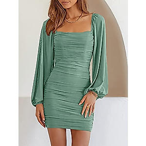 ANRABESS Women Long Sleeve Square Neck Mesh Ruched Bodycon Mini Dress Party Club Cocktail Formal Wedding Guest Short Dresses Light Green Medium