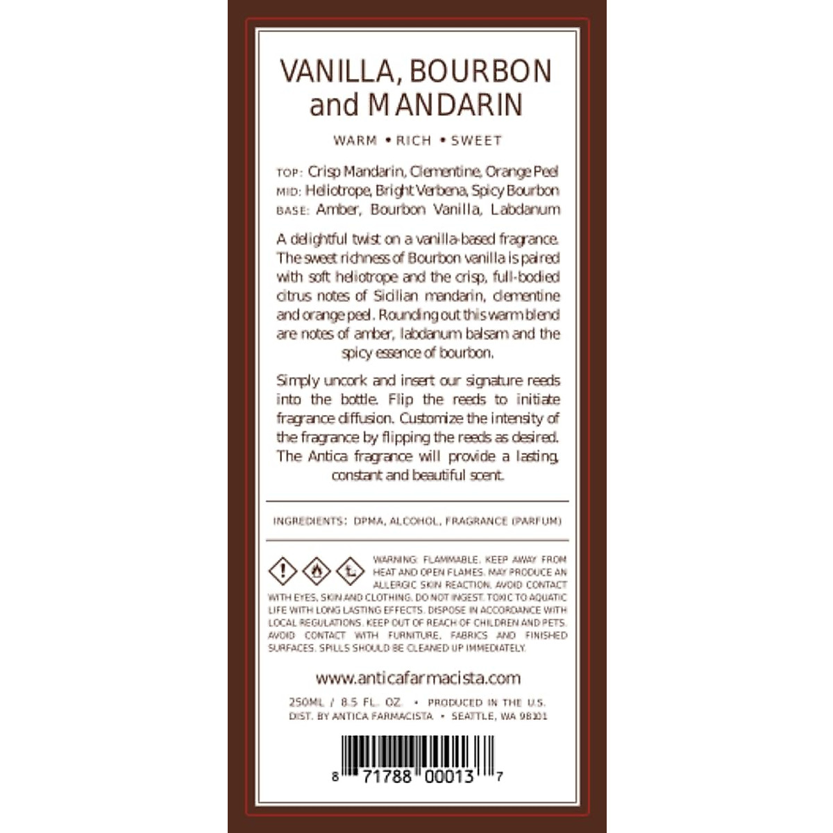 Antica Farmacista Home Ambiance, Vanilla, Bourbon and Mandarin, 8.45 Fl Oz