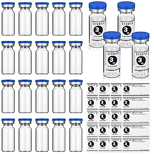Threlaco 20 Pcs 3ml Sealed Sterile Empty Vials with Self Healing Injection Port Glass Penicillin Bottle with 20 Label Stickers