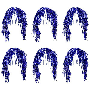 Tinsel Wigs, 6-Pack - Fake Foil Hair Props - Halloween, Events, Arts & Crafts (Blue)