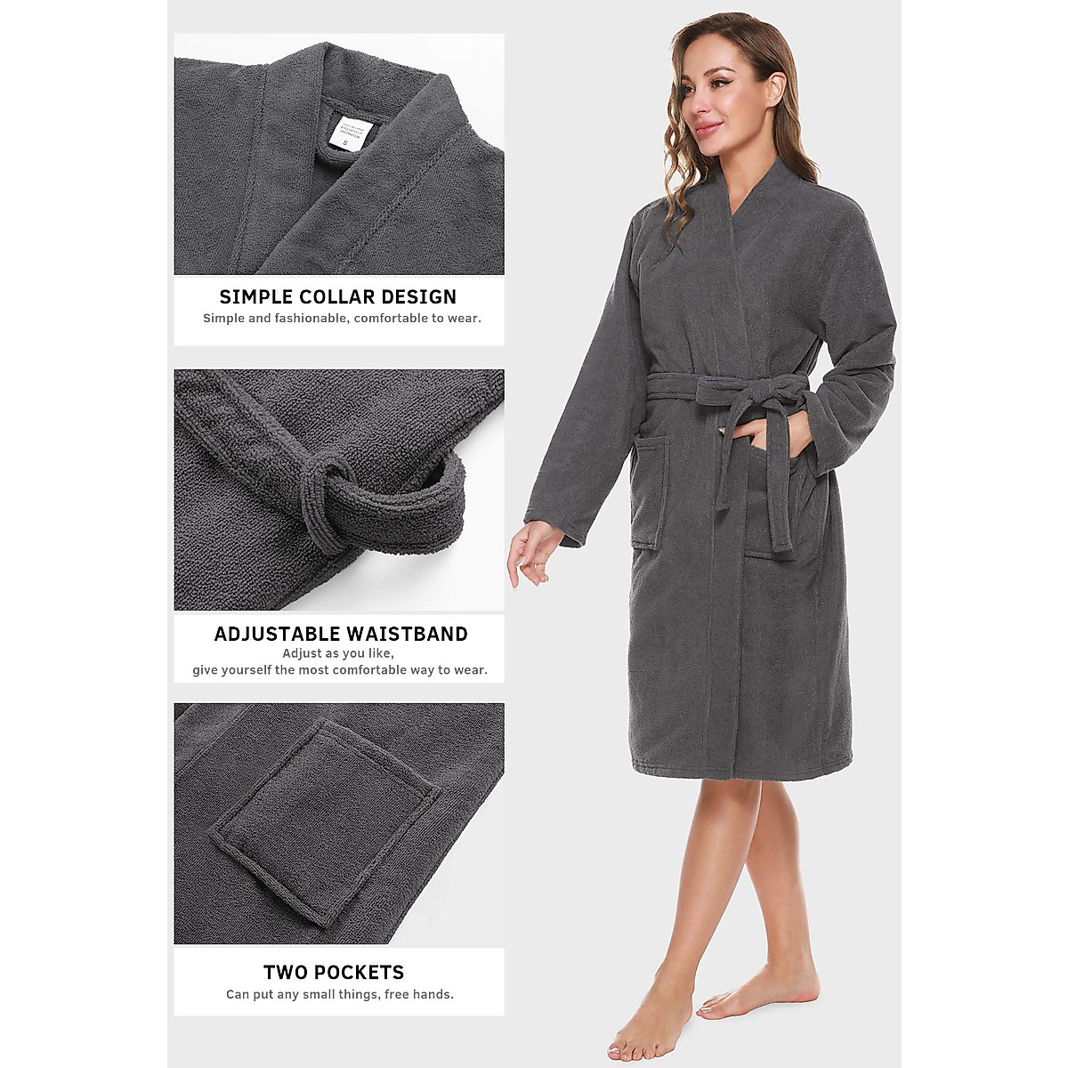 Kniffi Kimono Bathrobe for Women Terry Cloth Robes knee length towel Bathrobe Grey L