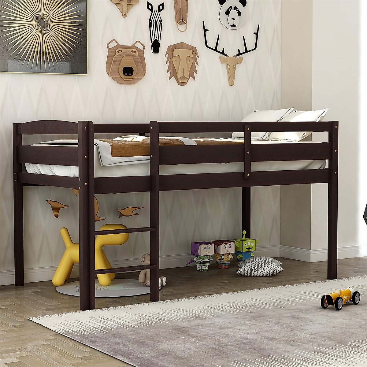 Bellemve Low Loft Bed Twin Size Wooden Loft Bed Frame with Ladder for Kids Girls Boys Teens, Espresso