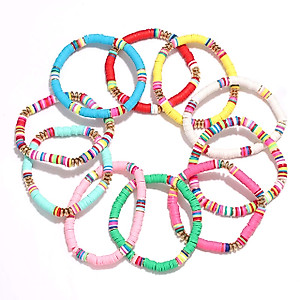 boderier Heishi Bracelets Colorful Stackable Vinyl Disc Bead Stretch Bracelet Summer Beach Surfer Bracelet for Women (10)
