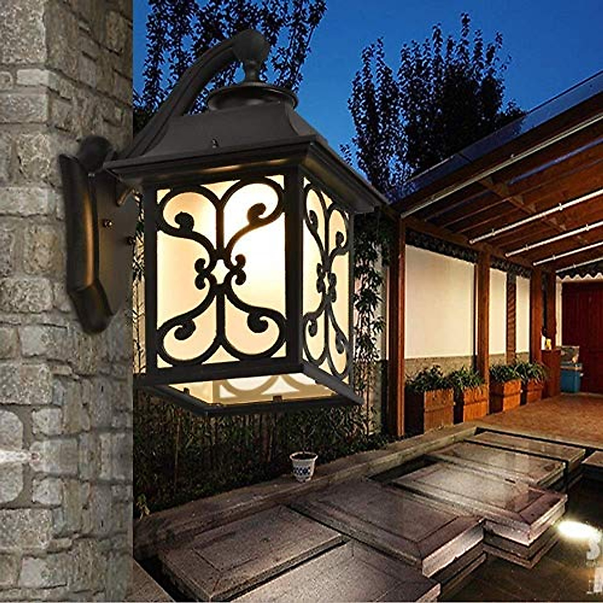 PEHUB E27 European Antique Porch Wall Sconce Outdoor Garden Waterproof Aluminum Black Finish Wall Lamp Square Glass Lampshade Exterior Wall Mount Lighting Fixture Villa Decor Wall Light Exterior Light