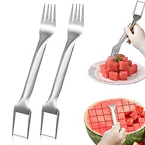 2Pcs Watermelon Fork Slicer Cutter, Stainless Steel 2-in-1 Watermelon Fork Slicer, Portable Watermelon Fork Watermelon Cutter Slicer Tool Fruit Forks Slicer for Home Party Camping Kitchen Gadget