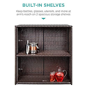 Best Choice Products 3-Piece All-Weather Wicker Bar Table Set for Indoor Outdoor, Kitchen, Patio, Backyard w/ 2 Stools, Glass Tabletop, Storage Shelves - Brown