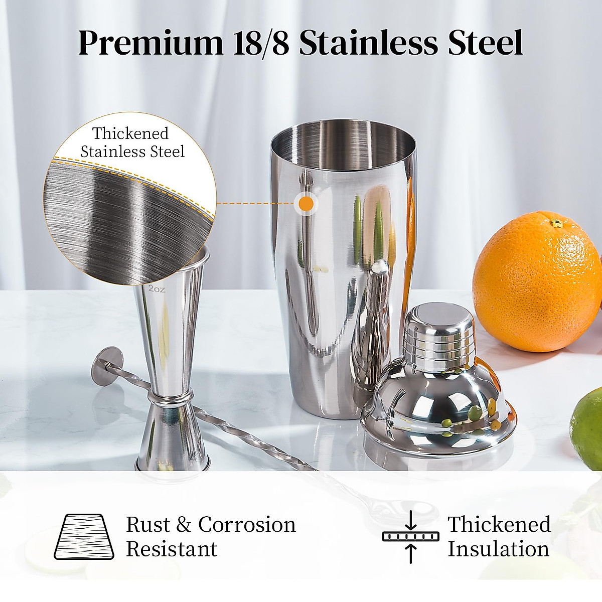 X Home Cocktail Shaker Set, Stainless Steel Bar Tool Set with 24 Ounce Margarita Shaker, Easy-to-Measure Jigger, 10-inch Mixing Spoon, Professional Drink Mixer Set, Bartender Kit Gifts