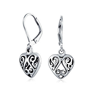 Open Lightweight Scroll Filigree Multi Heart Shape Puff Hearts Drop Dangle Earrings For Women Girlfriend Oxidized .925 Sterling Silver Lever back