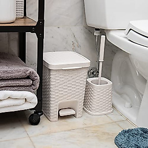Mind Reader Basket Collection, Square Wastepaper Pedal Basket and Toilet Brush Set, Premium Wicker Design, 2 Piece Set, Bin is 7.75"L x 7.75"W x 11.25"H, Brush is 13"H, 7.75"L x 7.75"W x 11"H, Ivory