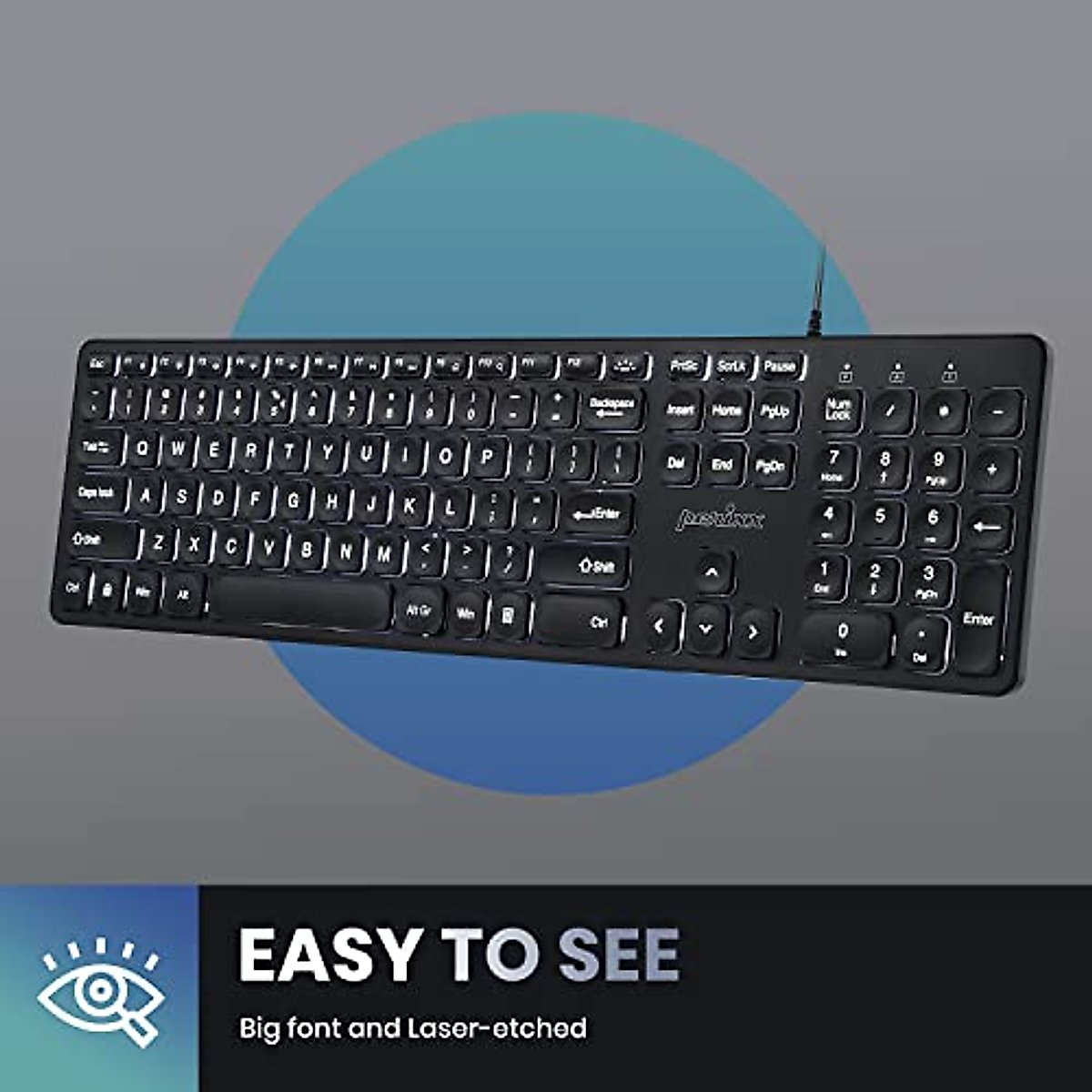 Perixx PERIBOARD-331 Wired Backlit USB Keyboard, Slim Design with Big Font Keys, White Illuminated LED, US English Layout