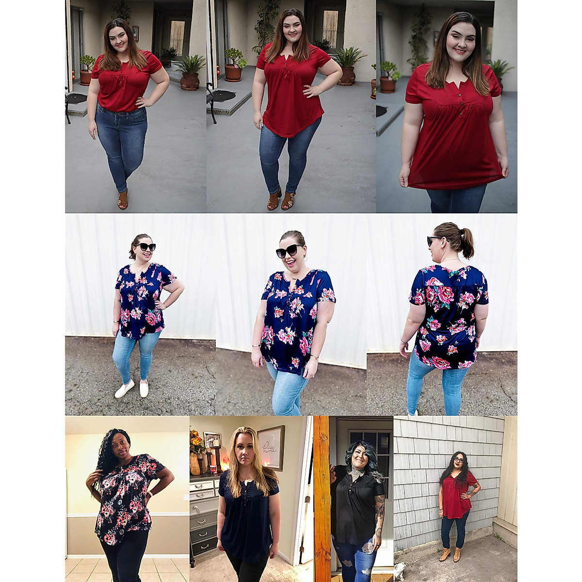 VISLILY Women's Plus Size V Neck Short Sleeve Henley Shirts Pleated Tunic Tops Black 20W