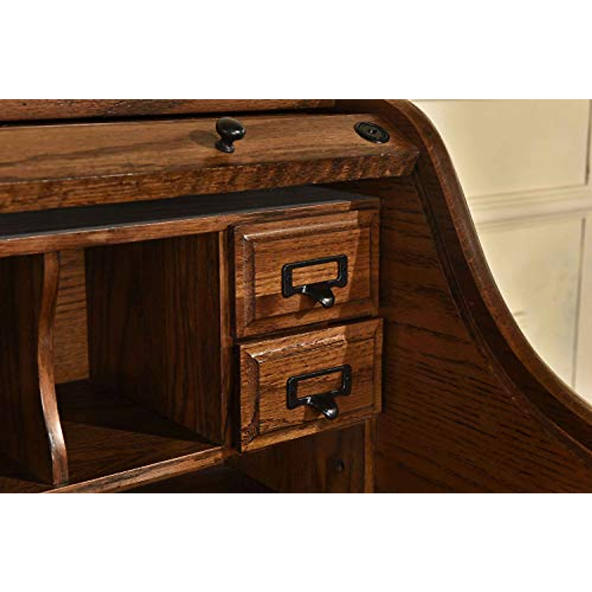 Mini Roll Top Desk Solid Oak Wood 32x 24x 44 Small Writing or Laptop Desk Burnished Walnut Finish Small Desk For Home Office, Kitchen, Bedroom, Living Room, Den Great Bill Paying Desk