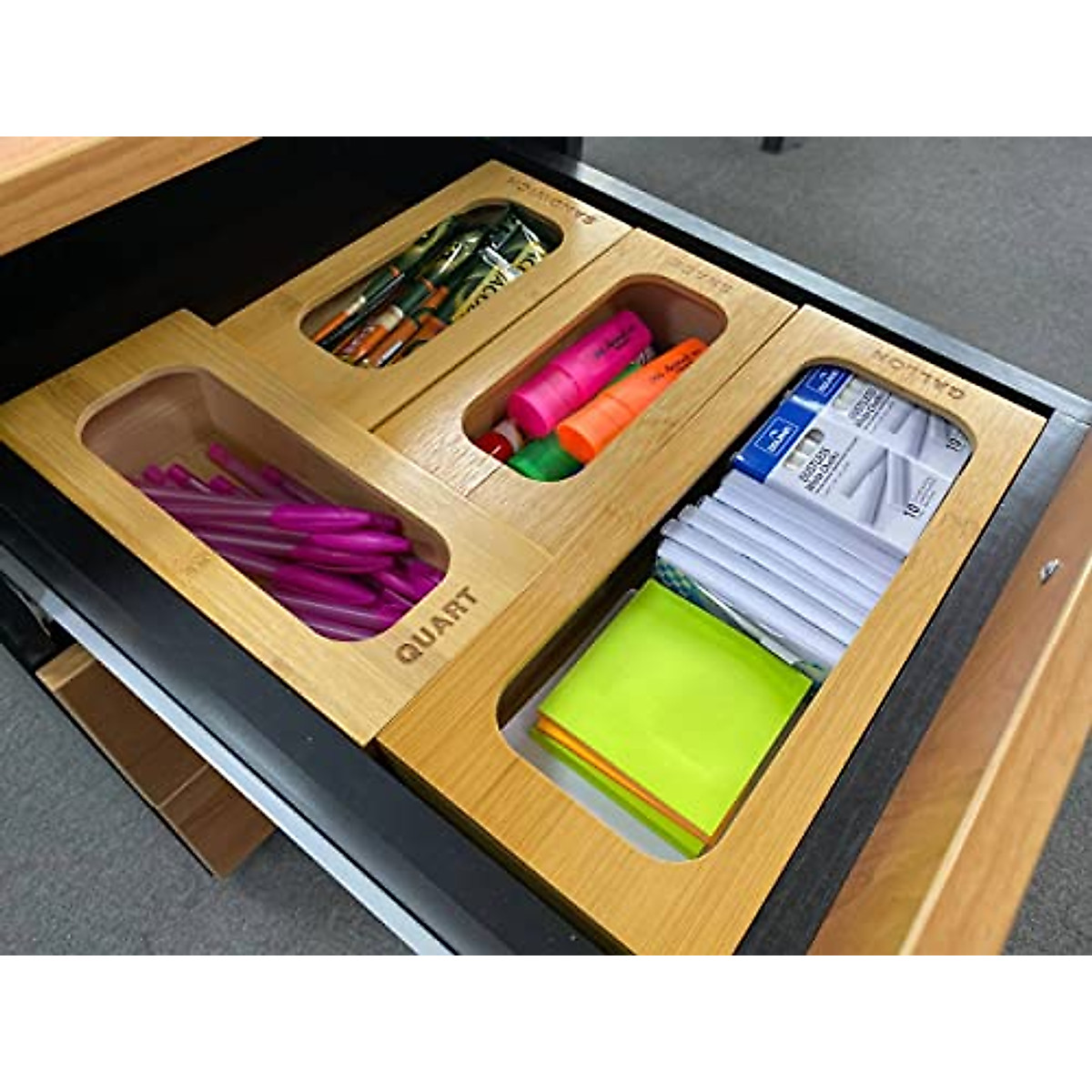 3 in 1 Bamboo Ziplock Bag Organizer Convenient Size To Keep In A Drawer + Ziplock Bag + Holder, Food Storage Plastic Bag Organizer For Your Kitchen Compatible With Ziploc And Other Brands