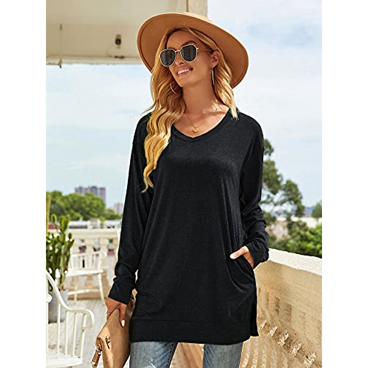 XUERRY Womens Casual V-NECK Long Sleeves Pocket Solid Color Sweatshirt Tunics Blouse Tops (X9009Black,L)