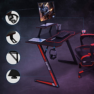 AuAg 44 inch Gaming Desk with Monitor Stand, Racing Style Home Computer Pc Table, Z-Shaped Gamer Game Work-Station with Cup Holder and Headphone Hook (44 inch)