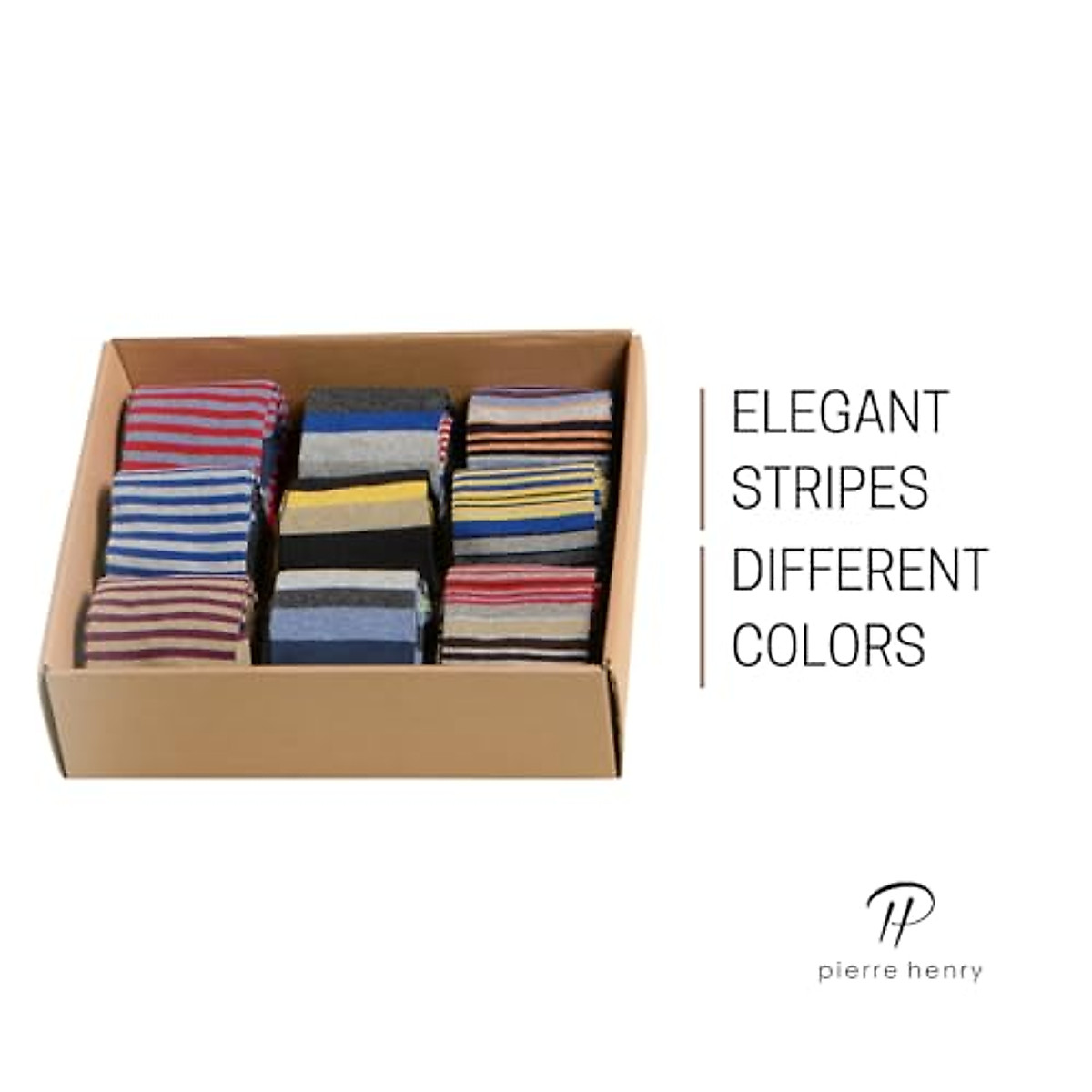 Pierre Henry Over the Calf Mens Dress Socks (9 Pairs) | Cotton Made, Long Socks, Wide Socks | Light Compression Socks for Men in Elegant Striped Patterns | Big and Tall Size (US Mens Shoe 12-16)