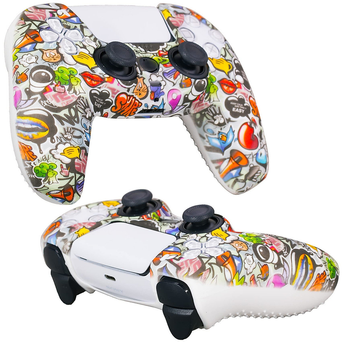 YoRHa Water Transfer Printing Silicone Thickened Cover Skin Case for PS5 Controller x 1(Lovely Graffiti) with Thumb Grips x 10