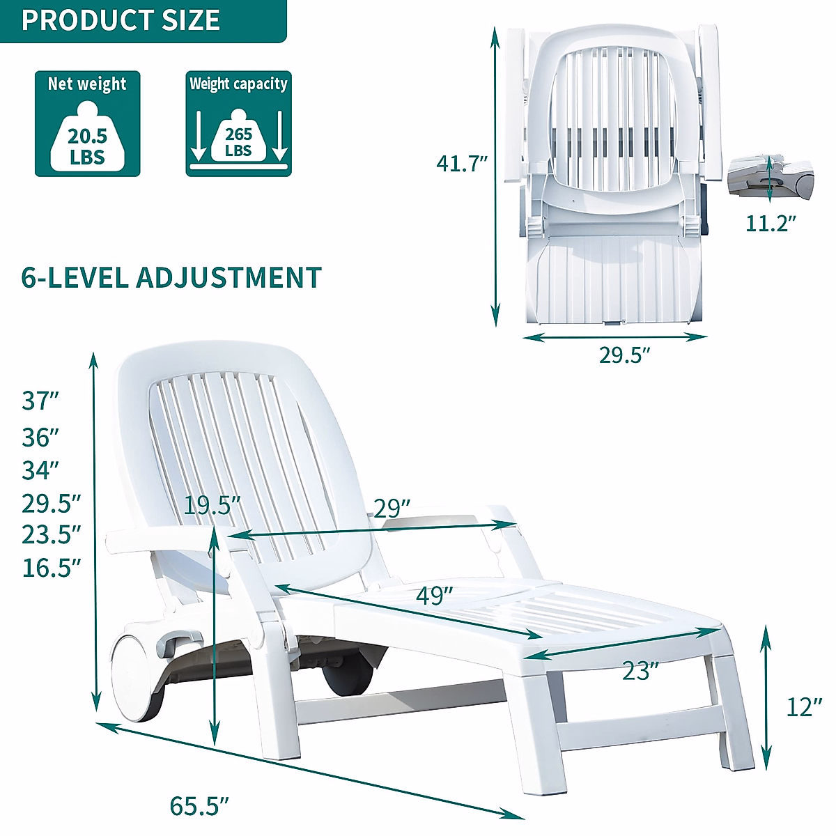 YITAHOME Outdoor Folding Chaise Lounge Chair with 6 Adjustable Backrests, Foldable Poolside Lounger with Wheels, Plastic Recliner for Patio, Beach,Easy Assembly, Lightweight, Waterproof, White