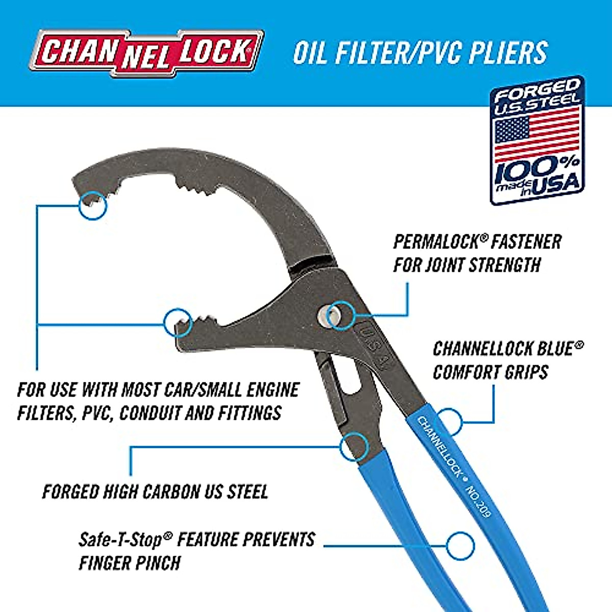 CHANNELLOCK 209 9-inch Oil Filter/PVC Pliers | Made in USA | 1.75 to 3-inch Jaw Capacity | Forged High Carbon Steel | Ideal for Engine Oil Filters, Conduit, and Fittings