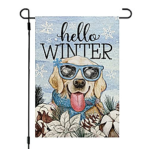 CROWNED BEAUTY Hello Winter Dog Golden Retriever Garden Flag 12x18 Inch Small Double Sided Yard Decorative Holiday Seasonal Outside Welcome Burlap Farmhouse Decoration