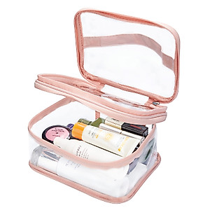 HAOGUAGUA Double Layer Clear Cosmetic Bag Makeup Bag, Waterproof Travel Toiletry Bag, Transparent PVC Hair & Nail Accessories Pouch Beach Bag Organizer (Pink)