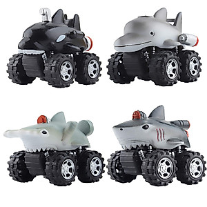 DINOBROS Shark Toys Pull Back Cars for Boys and Toddlers 4 Pack Ocean Sea Animal Truck Toy Dolphin Hammerhead Shark Killer Whale Playset Gift for 3 Years Old and Up