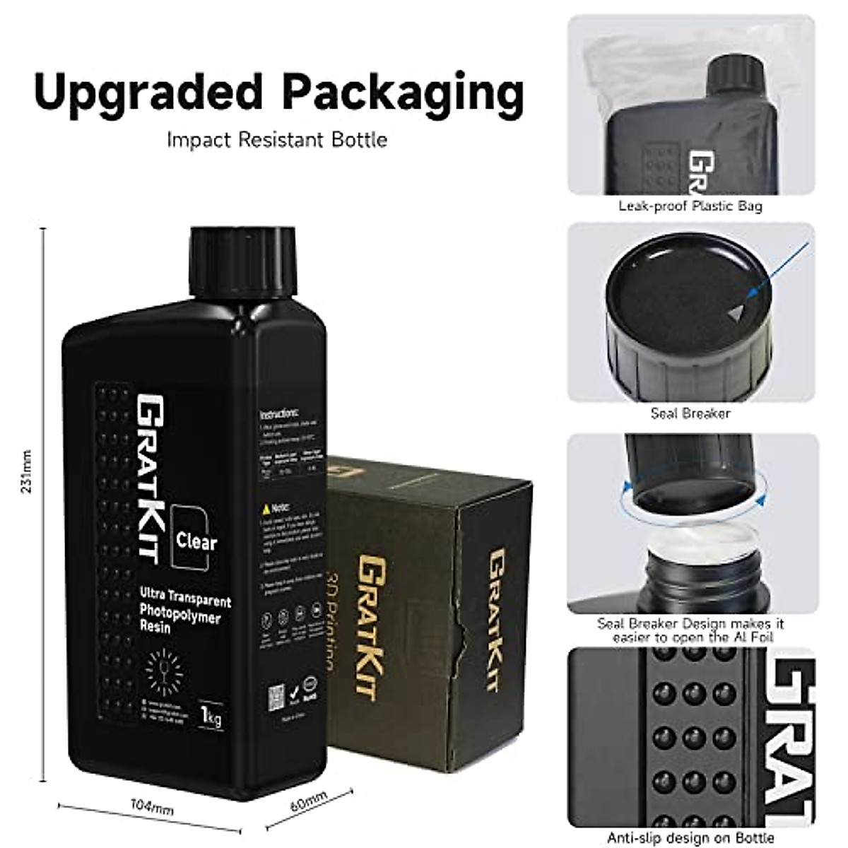 GratKit Ultra Transparent 3D Printer Resin, Non-Yellowing, High Clear 405nm Rigid Photopolymer Resin for LCD DLP 3D Printing 1000g