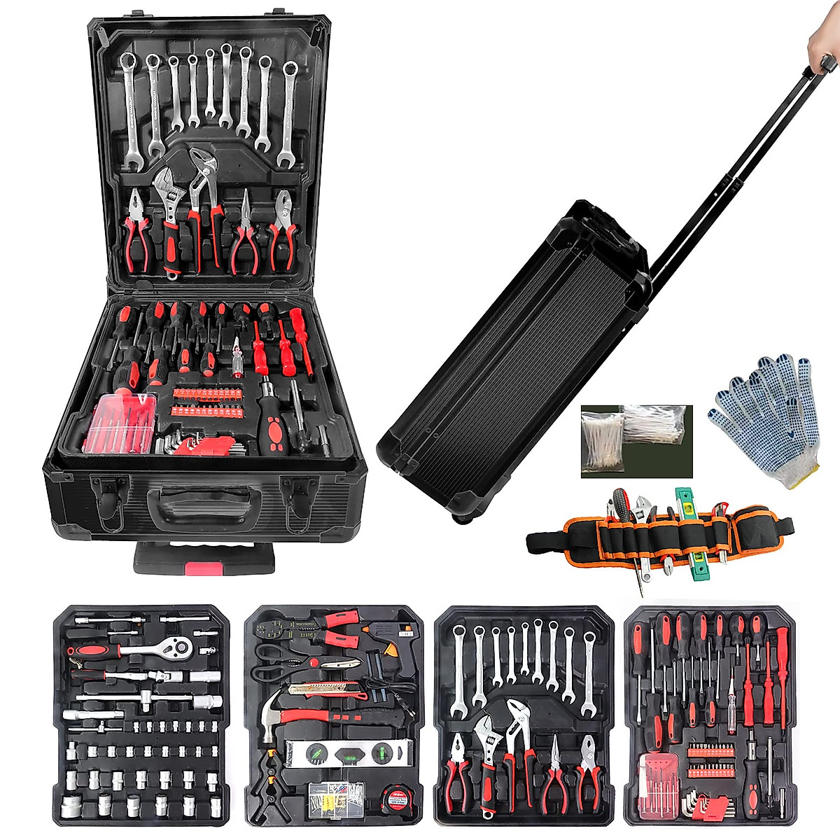 Tool Sets for Men, Tool Box with Tools, Tool Kit with Rolling Tool Box, Complete Tool Box Set,Household Tool Set, Aluminum Trolley Case Tool Setas, Gift on Father's Day
