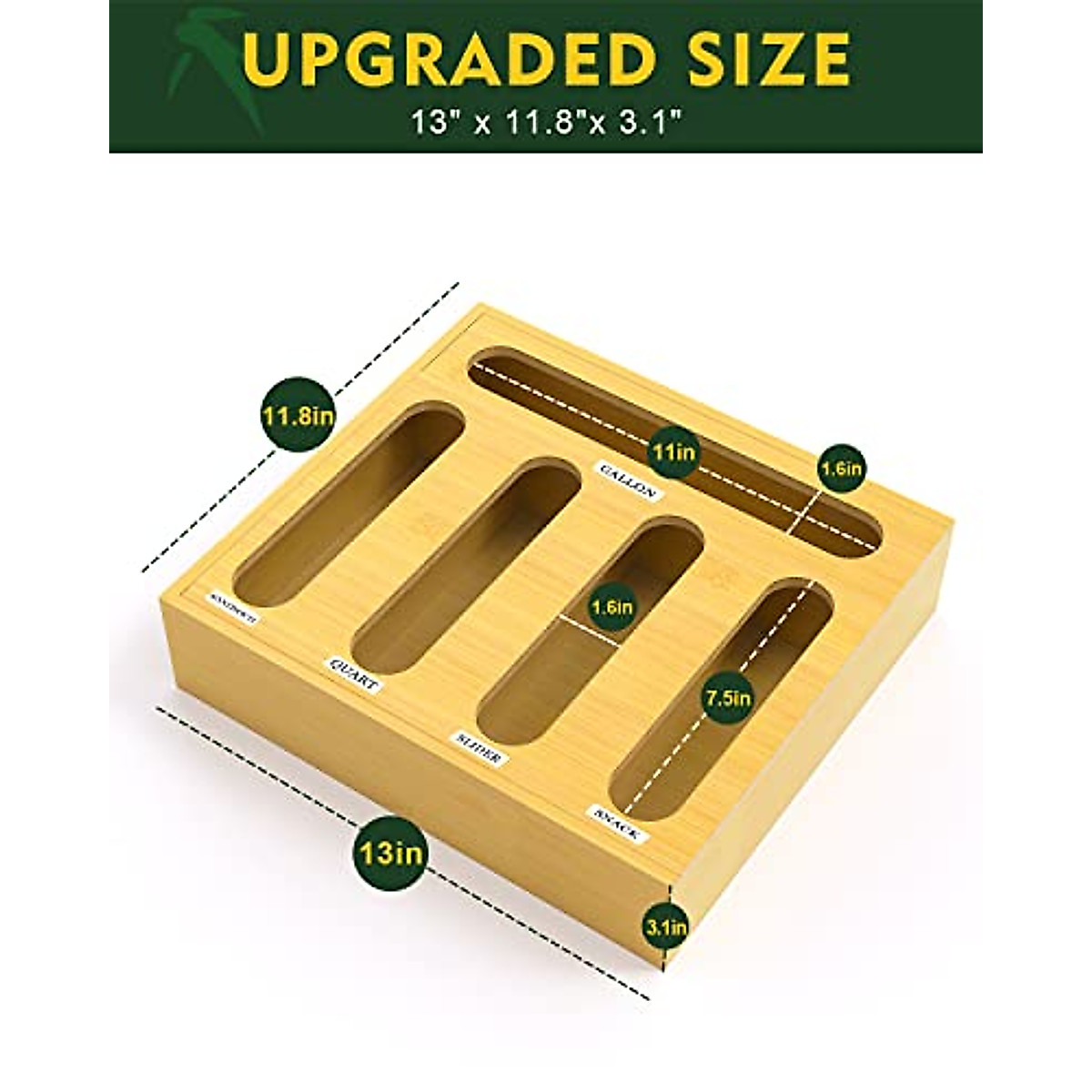 VenDotbi Bamboo Ziplock Bag Organizer for Drawer, Storage Bag Organizer, Plastic Bag Organizer 5 Slot Baggie Organizer for Kitchen Compatible with Gallon, Quart, Sandwich & Snack Variety Bags-Natural