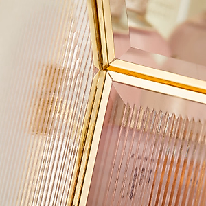 Stackable 3Pieces Drawer Set Glass Makeup Organizer Antique Countertop Vanity Cosmetic Storage Box Mirror Glass Beauty Display, Holder for Brushes Lipsticks Skincare Toner with free Pearl (Gold)