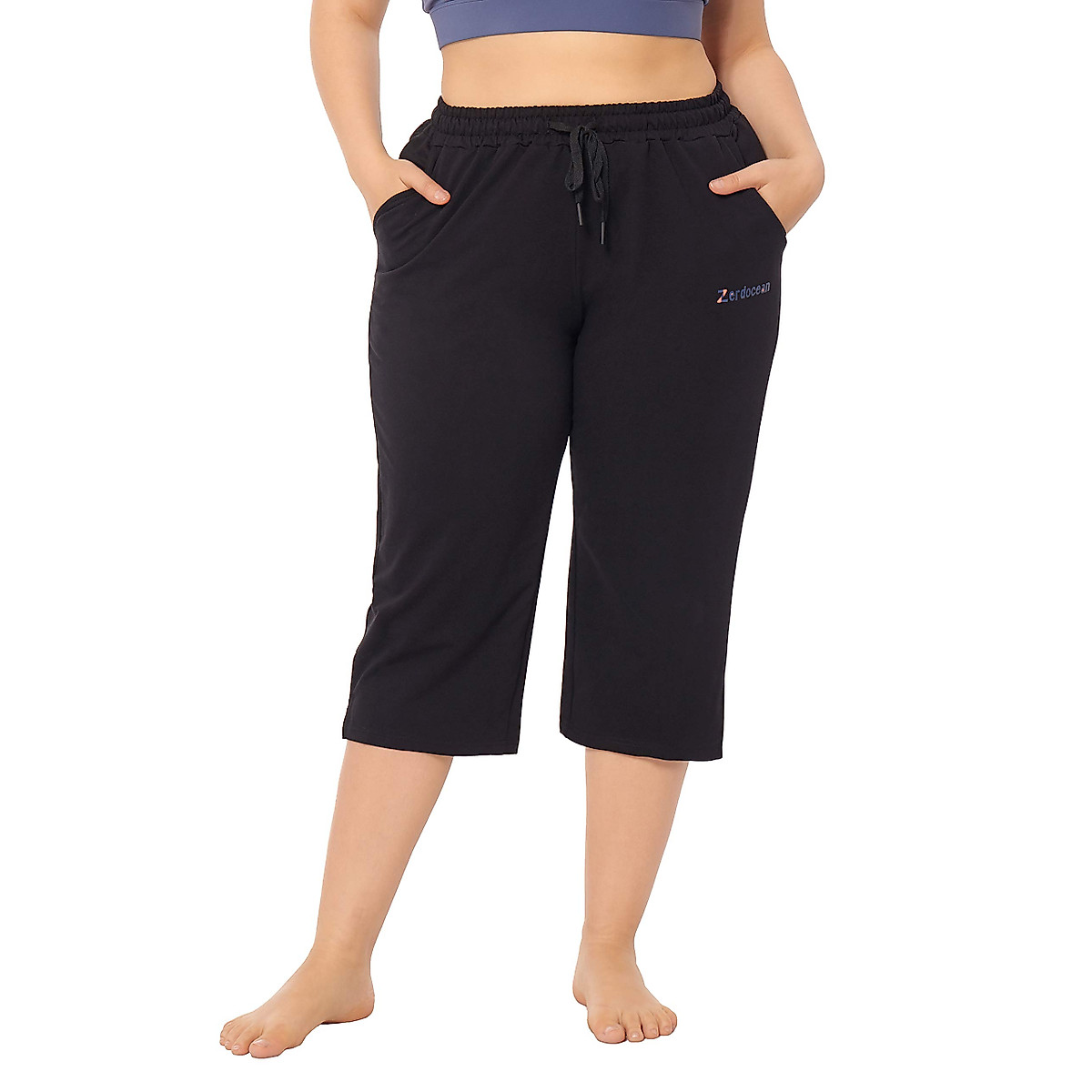 ZERDOCEAN Women's Plus Size Active Yoga Lounge Indoor Jersey Capri Walking Crop Pants with Pockets Drawstring Black 4X
