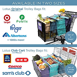 Lotus Trolley Bags -set of 4 -w/LRG COOLER Bag & Egg/Wine holder! Reusable Grocery Cart Bags sized for USA. Eco-friendly 4-Bag Grocery Tote. (Purple, Turquoise, Blue, Brown,)