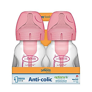 Dr. Brown's Natural Flow Options + Wide-Neck Bottle, Pink Print, 4 Pack, 5 Ounce