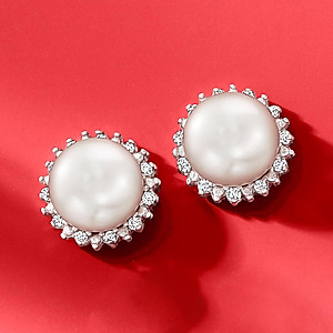 Ross-Simons 7-7.5mm Cultured Button Pearl and .13 ct. t.w. Diamond Stud Earrings in Sterling Silver