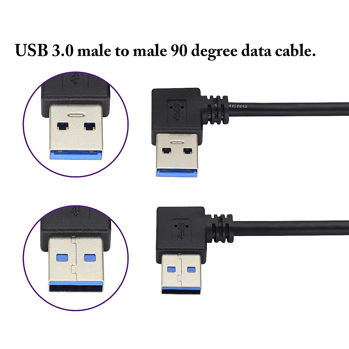 AAOTOKK 90 Degree USB 3.0 A Extension Cable Left & Right Angle USB 3.0 Type A Male to Male Charging and Data Transfer Cable for Hard Drive,Printers,Cameras,Mouse,Laptop Cooler(0.3M/1ft-Black)