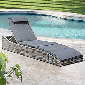 Soleil Jardin Folding Outdoor Adjustable Chaise Lounge Chair with Removable Cushion, Fully Assembled, Patio PE Rattan Reclining Lounger for Pool Beach, Dark Gray