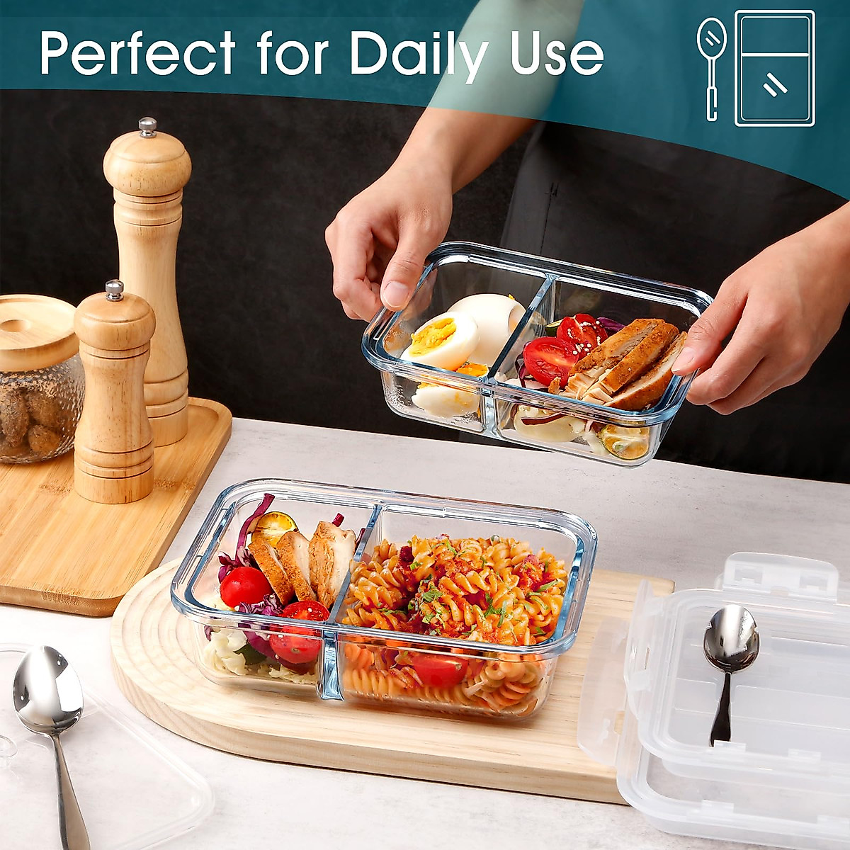 NUTRIUPS 0.6L/20 Oz Glass Meal Prep Containers, Glass Bento Box for adults, Lunch Containers with Lid, Glass Food Container with 2 Split Compartments-Microwavable