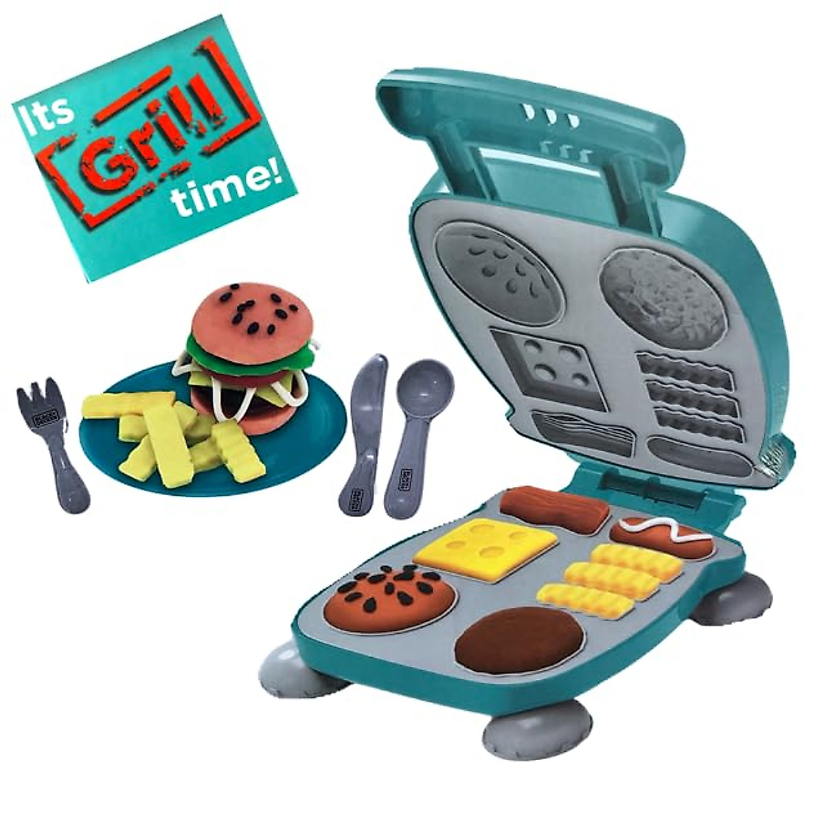 TOY DEALS USA, Cooking Toy Set, Kitchen Toy Set, Toy BBQ Grill Set, Little Chef Play, Kids Grill Playset, Interctive BBQ Toy Set for Toddlers, 20 Molds & Patterns Inside Plus 5 Pots of Dough