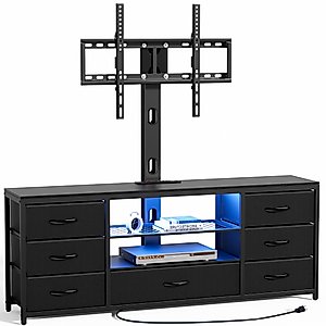 TV Stand with Mount and 7 Fabric Drawers, Led Entertainment Center with Power Outlets for 32 45 55 60 65 70 inch TVs, Black Dresser with Open Shelves Media Console Cabinet for Living Room Bedroom