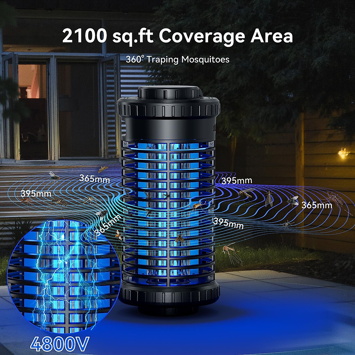 Solar Bug Zapper Outdoor, 4800V Effective Mosquito Zapper Indoor, Cordless Rechargeable Fly Zapper with 4000mAh Battery, IP66 Waterproof Insect Zapper for Outside, Patio, Backyard, Garden