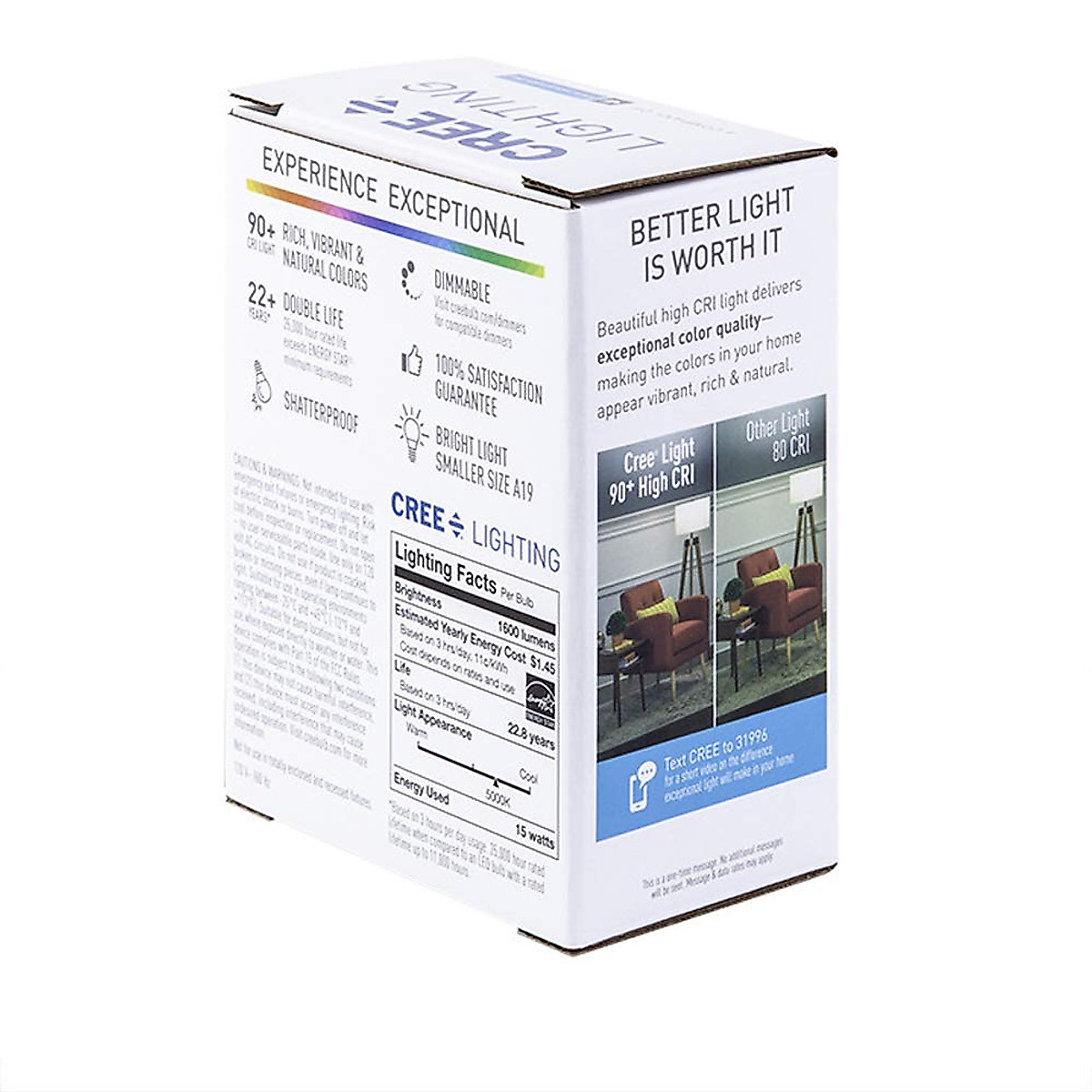 Cree Lighting A19 100W Equivalent LED Bulb, 1600 lumens, Dimmable, Daylight 5000K, 25,000 Hour Rated Life, 90+ CRI | 1-Pack, White - TA19-16050MDFH25-12DE26-1-11