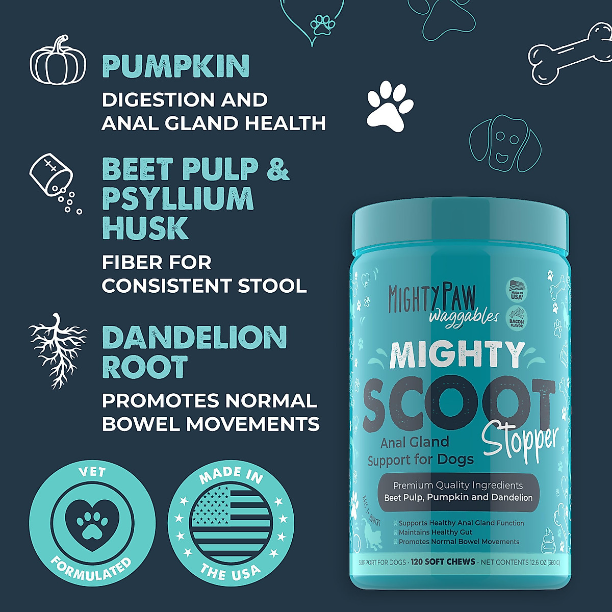 Mighty Paw Waggables Mighty Scoot (Made in USA) | Dog Digestive Support Anal Gland Chews. Dog Anal Gland Scoot for Dogs. Beet Pulp & Pumpkin Dog Fiber Supplements. Pet Bowel Gut Health (120 Count)