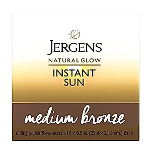 Jergens Natural Glow Instant Sun Sunless Tanning Towelettes, Single-Use Self Tanner Wipes for Flawless, Natural-Looking Color, 6 Count