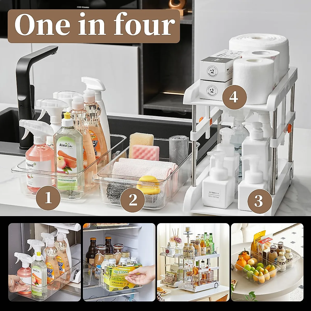 XIYAO 2 Tier Clear Organizer with Dividers and Wheels, Adjustable Under Sink Bathroom Closet organizer and Storage,Pull Out Medicine Cabinet organizer, Kitchen Pantry organizers and storage.